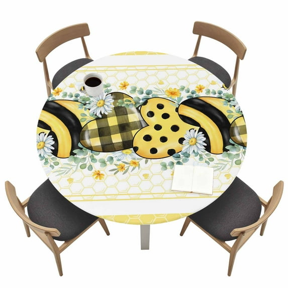 Bee Daisy Fitted Tablecloth with Elastic Edged, Round Table Cloth for ...