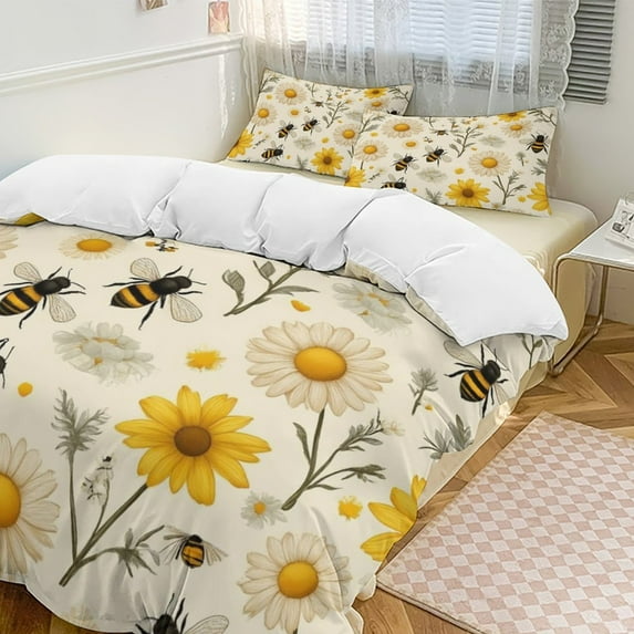 Bee Daisy Floral Print Bedding Set Duvet Cover Couple Bedclothes ...