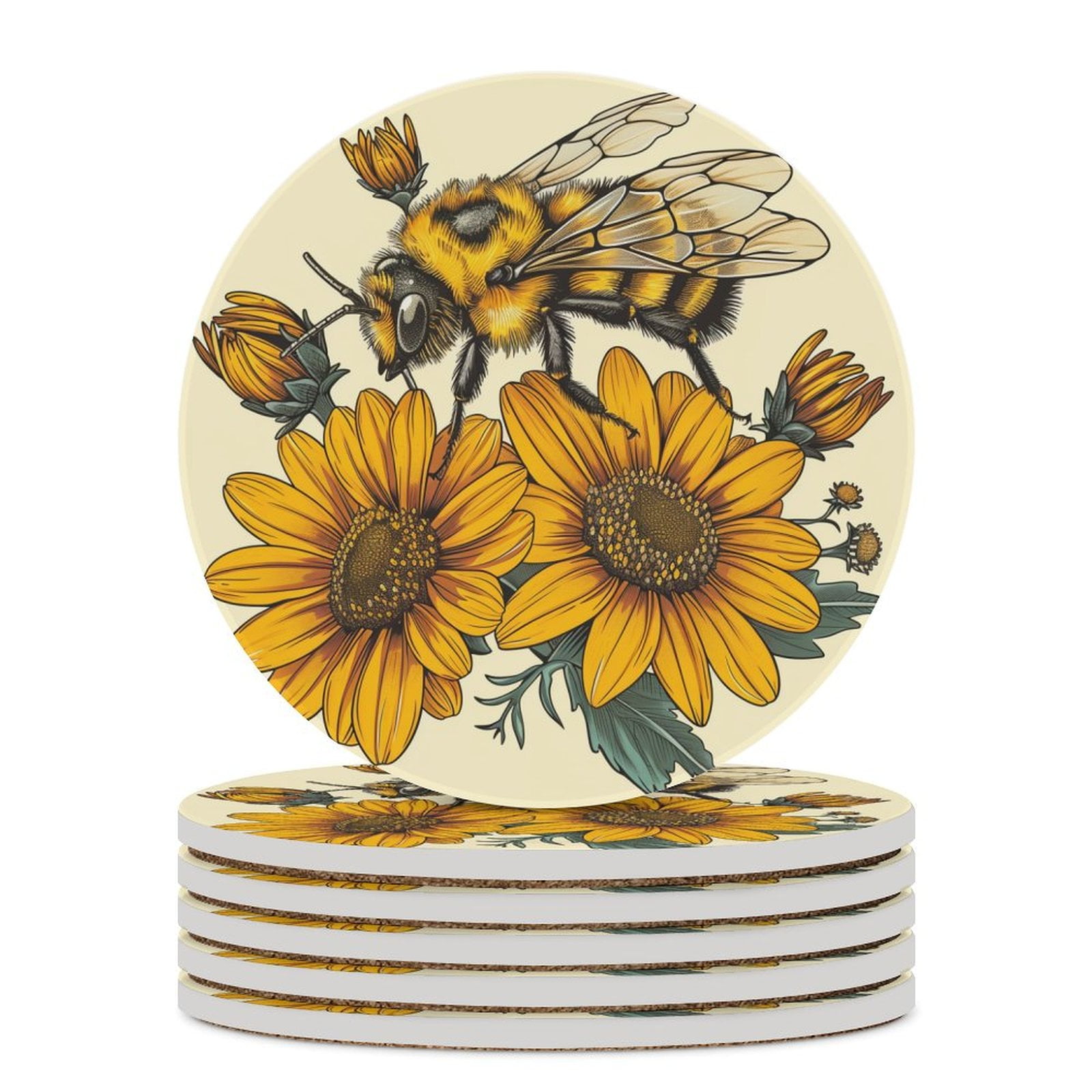 Bee Daisy Flower Ceramic Coasters Absorbent Coasters for Drinks ...