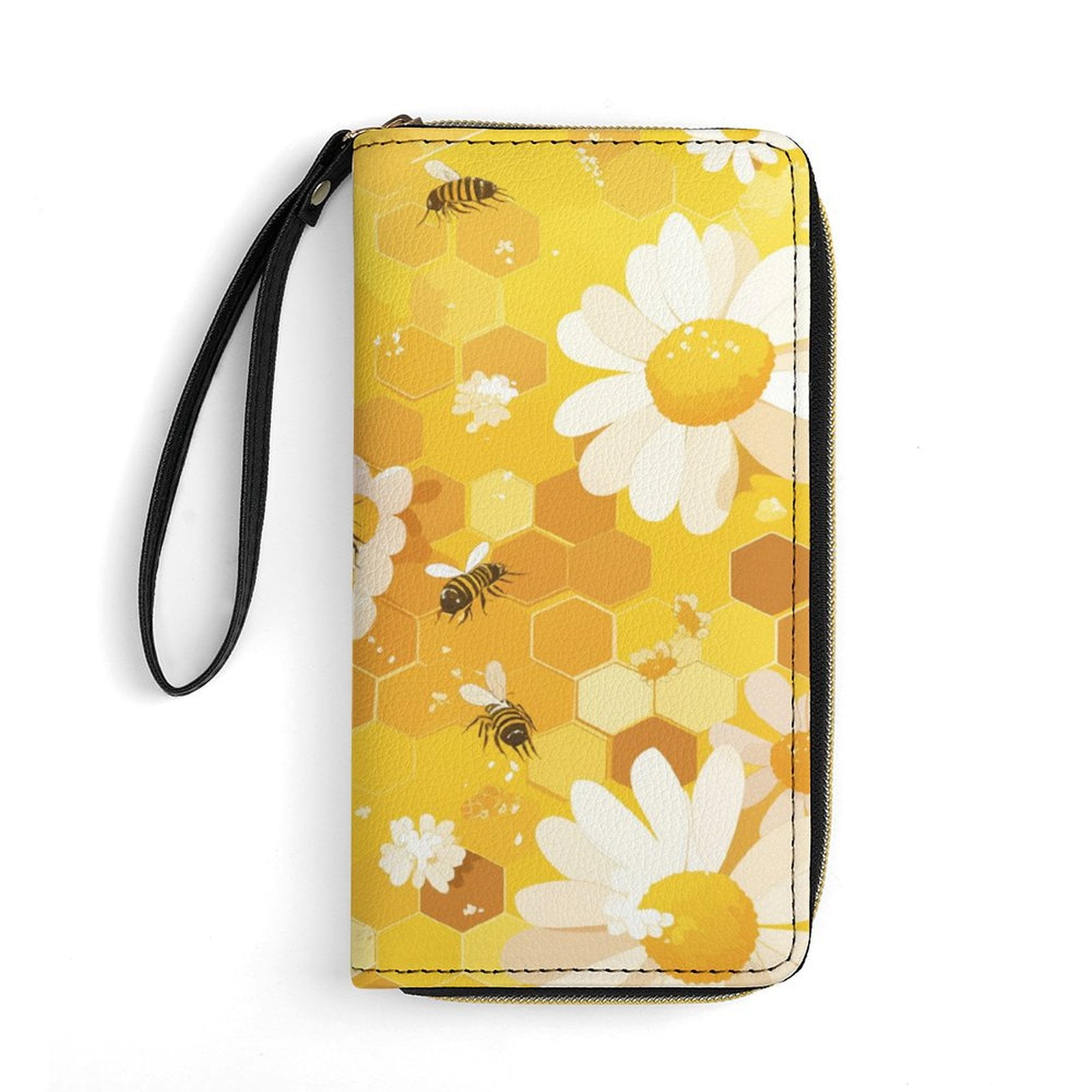 Bee Daisy Flower Wallet for Womens PU Leather Zip Around Wallers Clutch ...