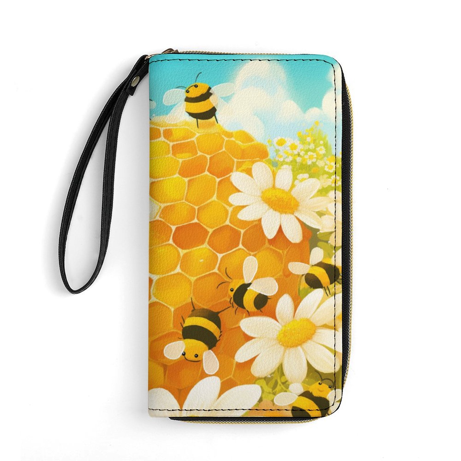 Bee Daisy Flower Wallet for Womens PU Leather Zip Around Wallers Clutch ...