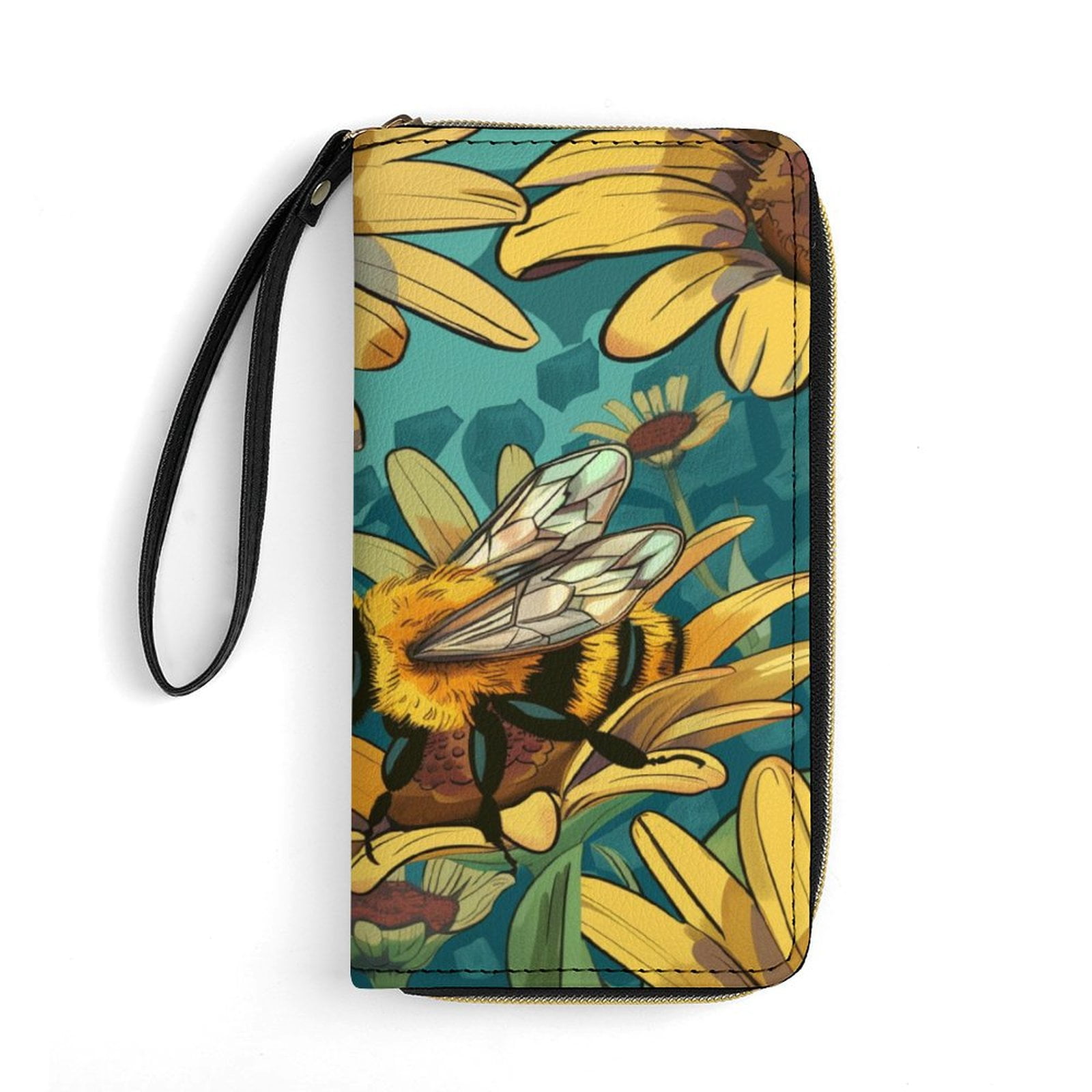 Bee Daisy Flower Wallet for Womens PU Leather Zip Around Wallers Clutch ...