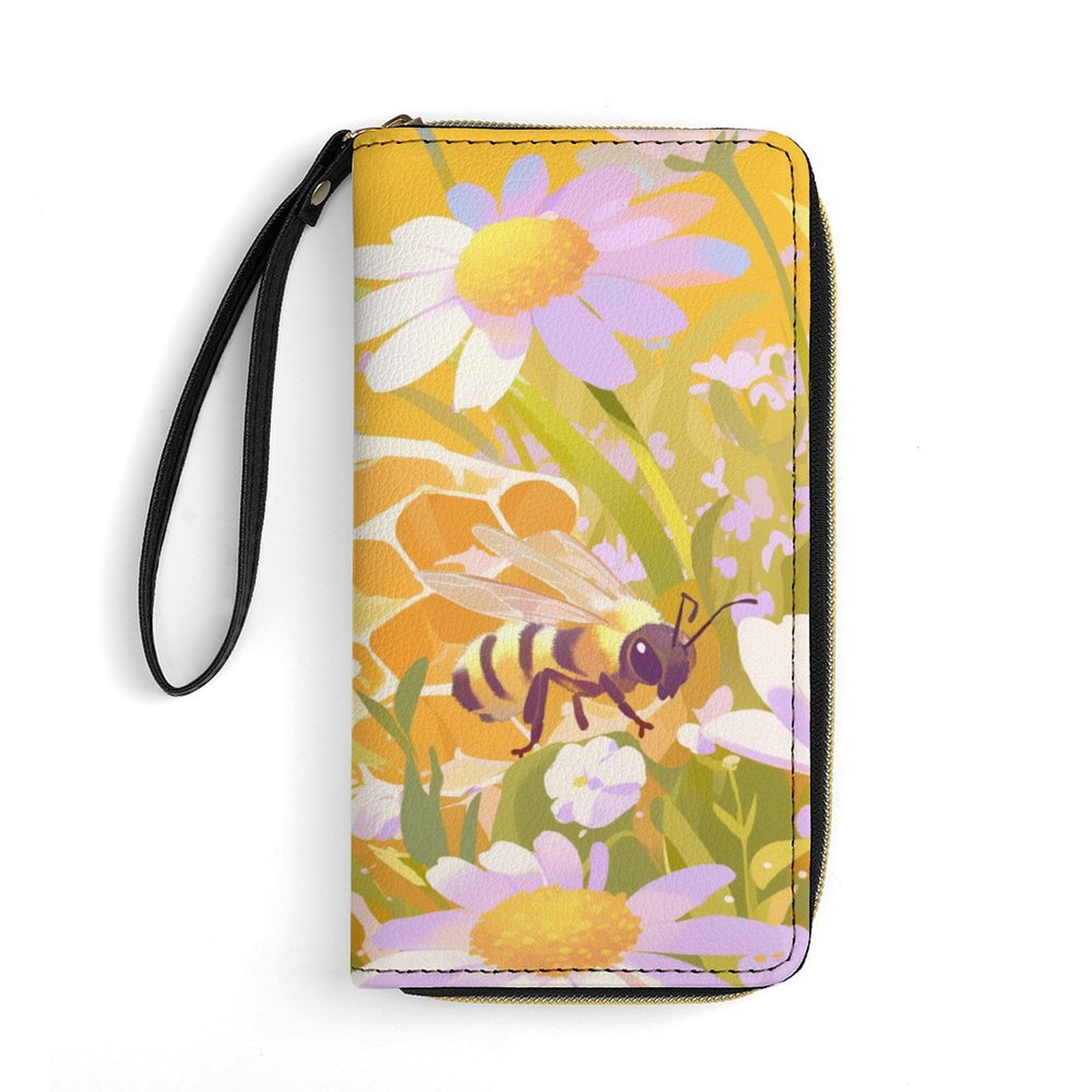 Bee Daisy Flower Wallet for Womens PU Leather Zip Around Wallers Clutch ...
