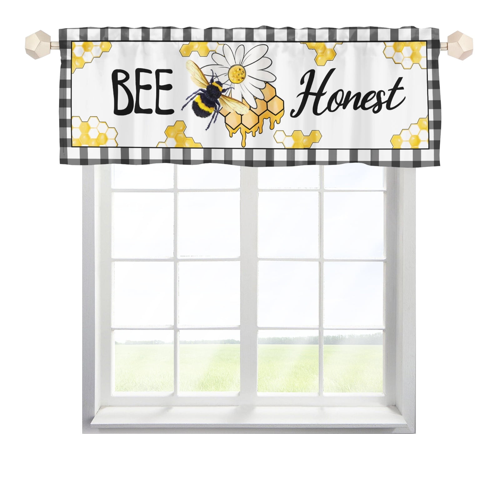 Bee Daisy Honeycomb Kitchen Valance 54''x18'' Bees Buffalo Plaid Short ...