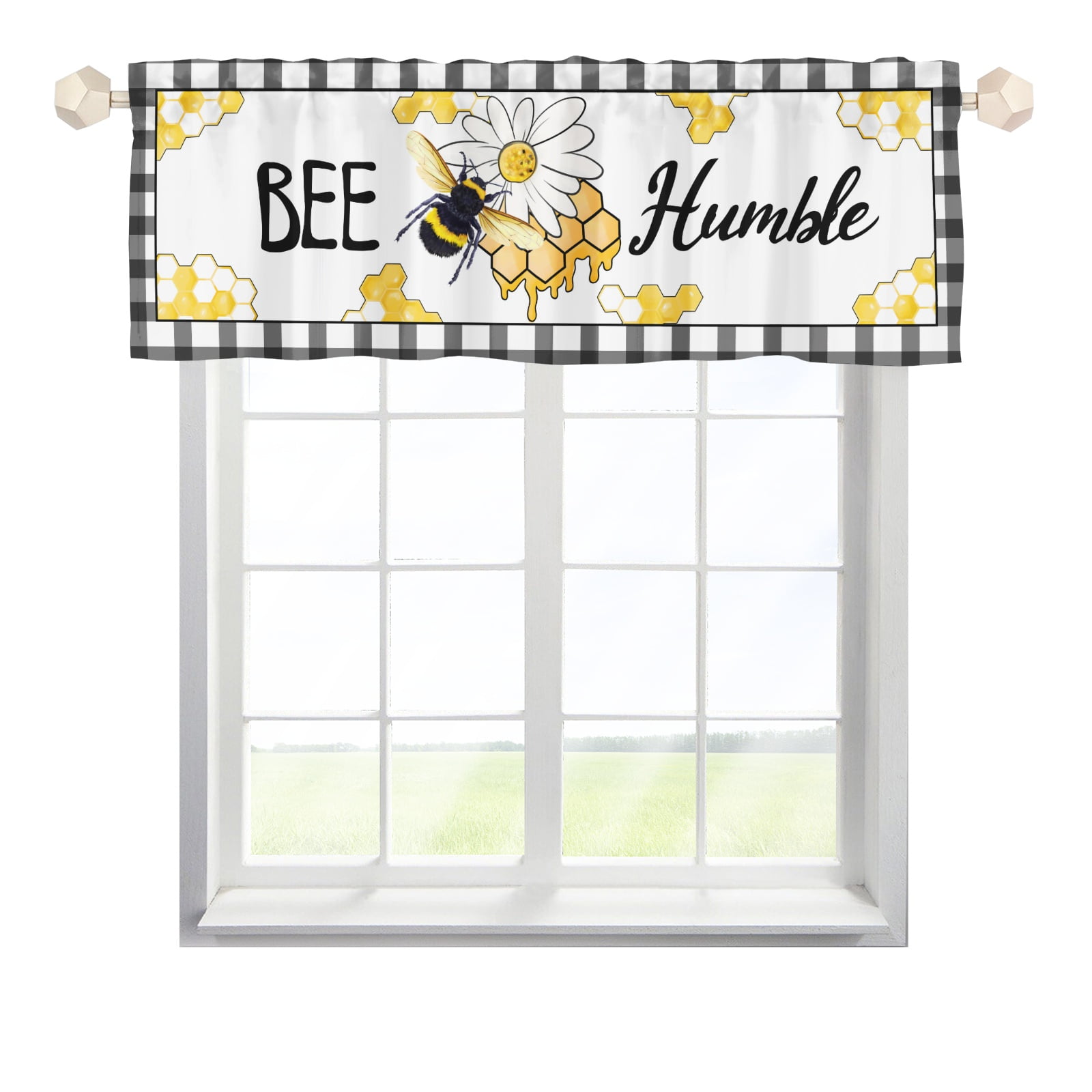 Bee Daisy Honeycomb Kitchen Valance 54''x18'' Bees Buffalo Plaid Short ...