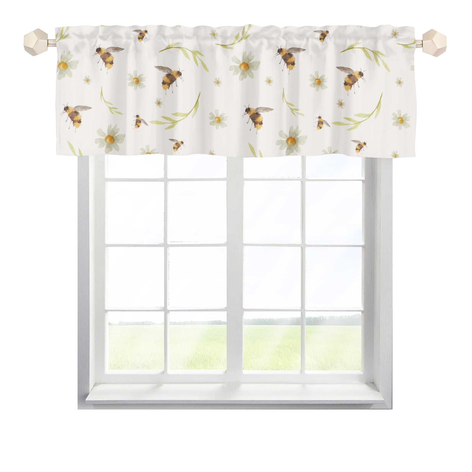 Bee Daisy Kitchen Curtain Valance 54''x18'' Watercolor Bees Floral ...
