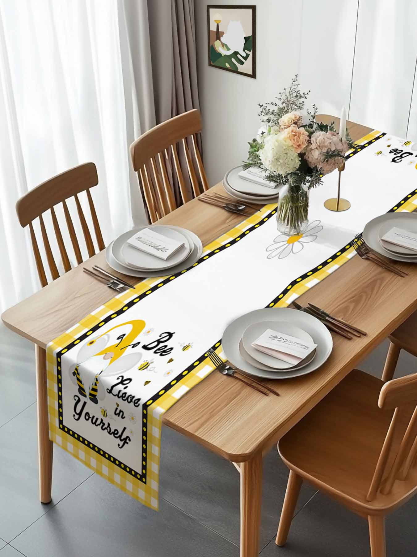 Bee Daisy Love Dwarf Table Runner 13x70in Non-Slip Cotton Linen Table ...