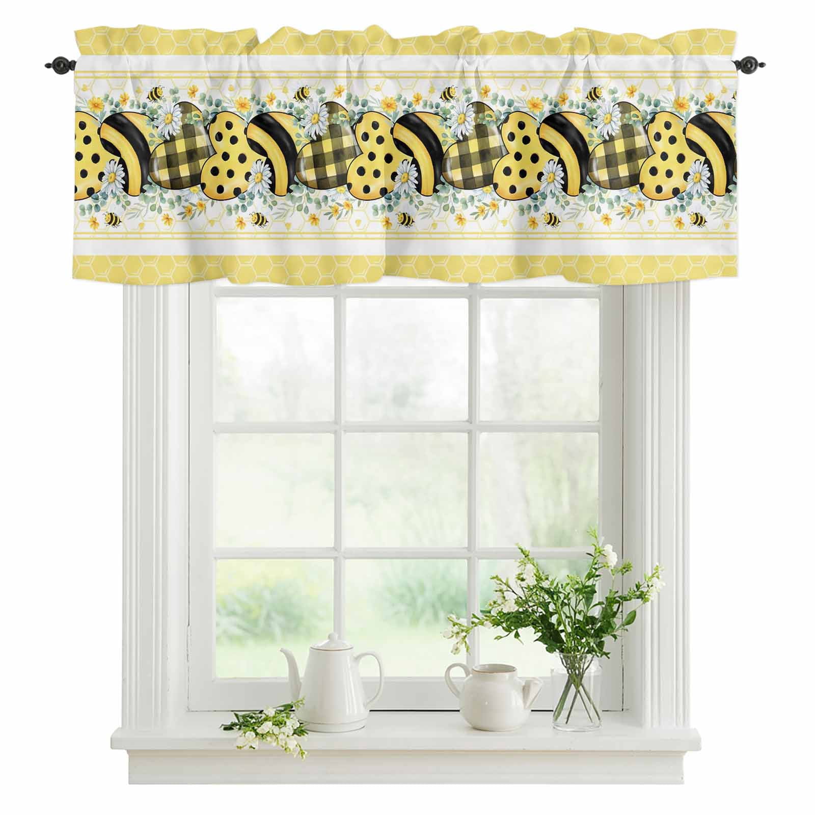 Bee Daisy Love Heart Valances for Windows, Rod Pocket Kitchen Valance ...