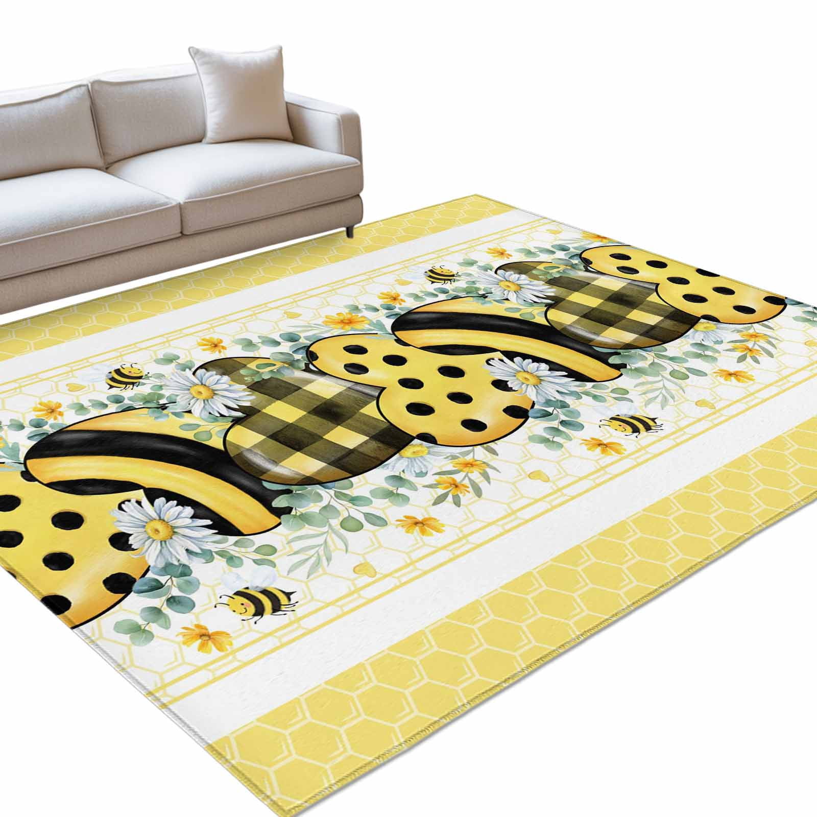 Bee Daisy Washable Rug 4x6 Area Rug for Living Room Bedroom Non Slip ...