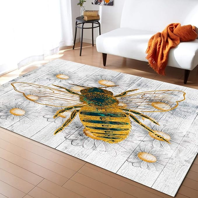 Bee Daisy Wood Grain Background Area Rug, Living Room Rugs, Area Rugs ...