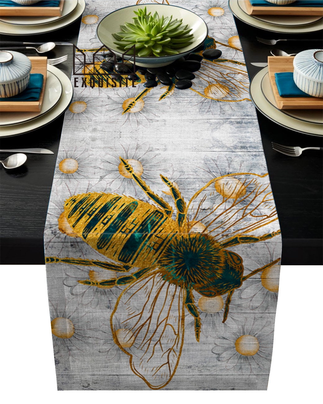 Bee Daisy Wood Grain Modern Table Runners Cloth Holidays Party Wedding ...