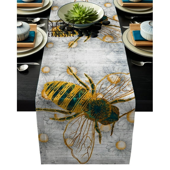 Bee Daisy Wood Grain Modern Table Runners Cloth Holidays Party Wedding ration Table Runner ...