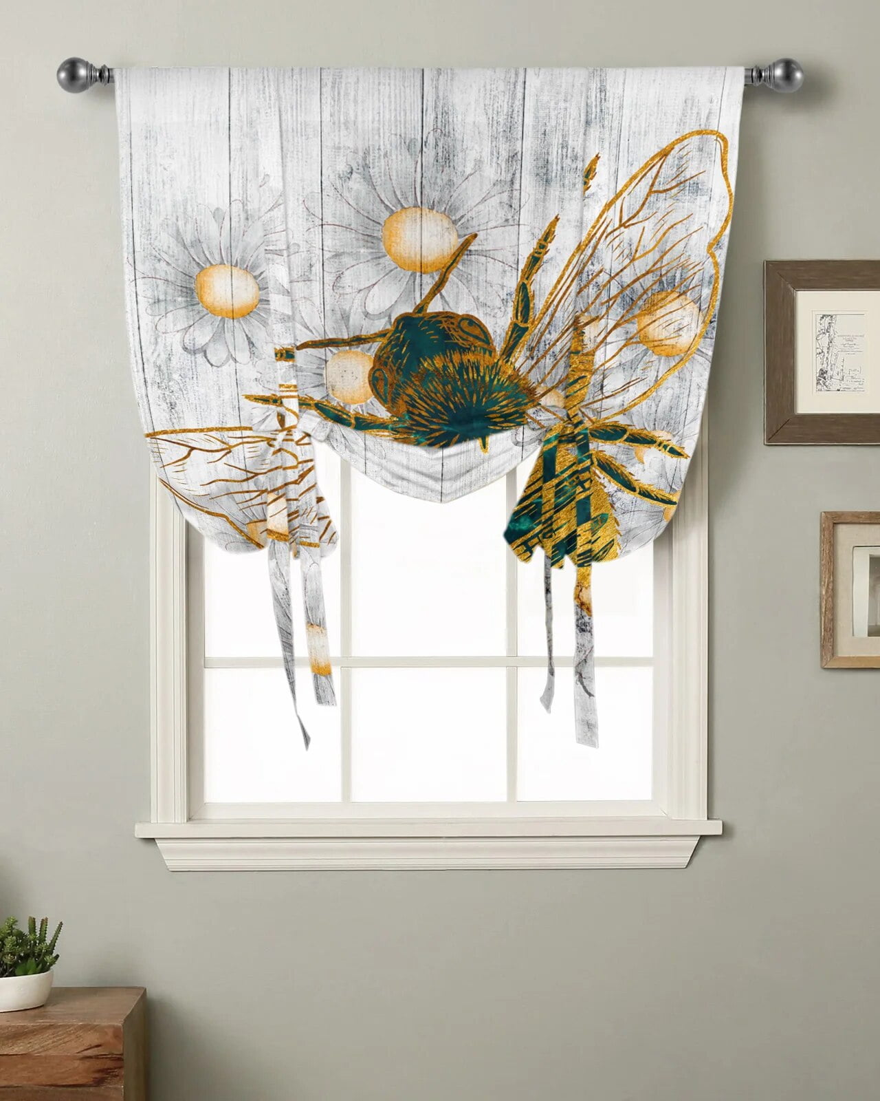 Bee Daisy Wood Grain Window Curtain for Living Room Roman Curtains for ...