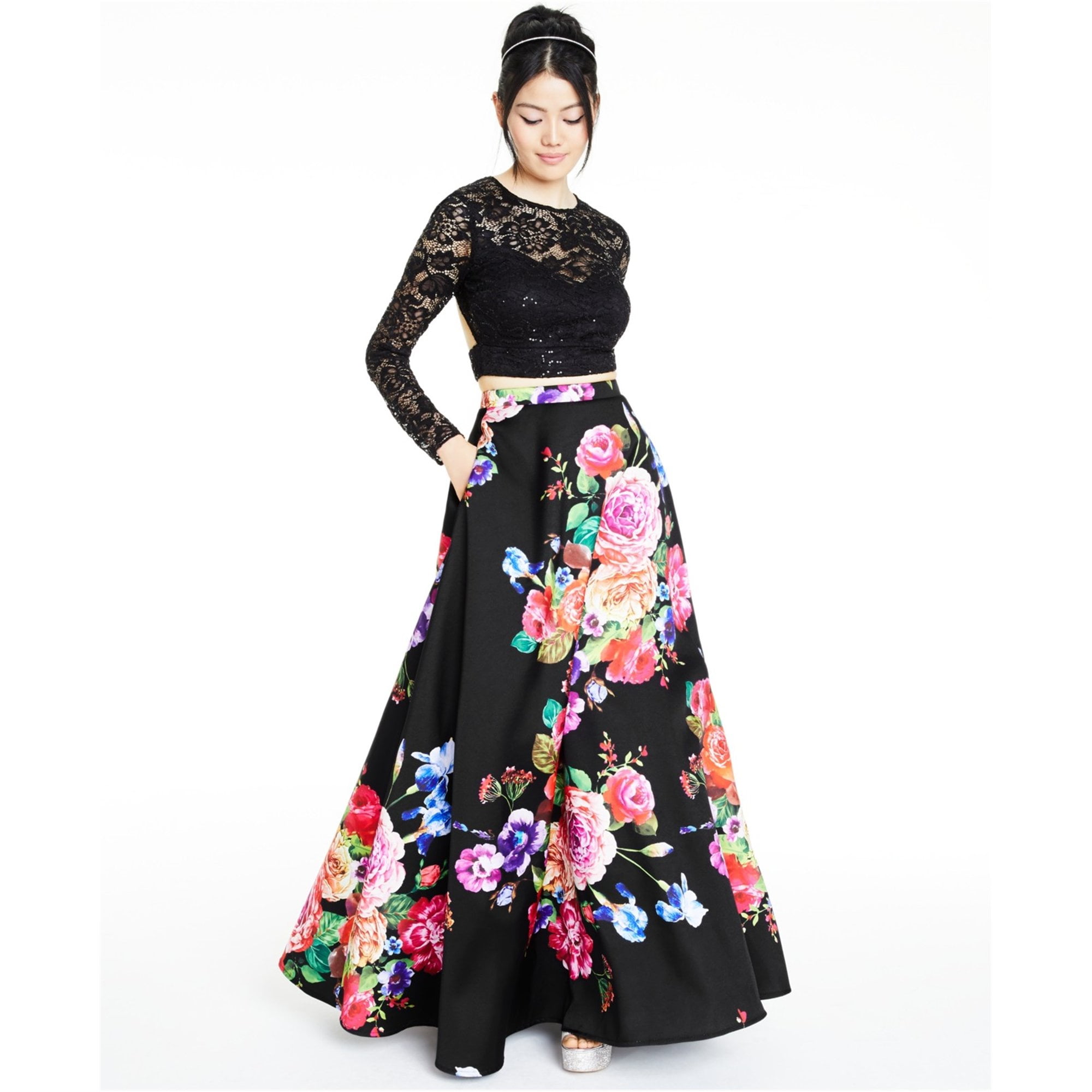 Bee Darlin Womens Sequin Lace Crop Top Blouse, Black, Juniors, 3/4 - Walmart.com