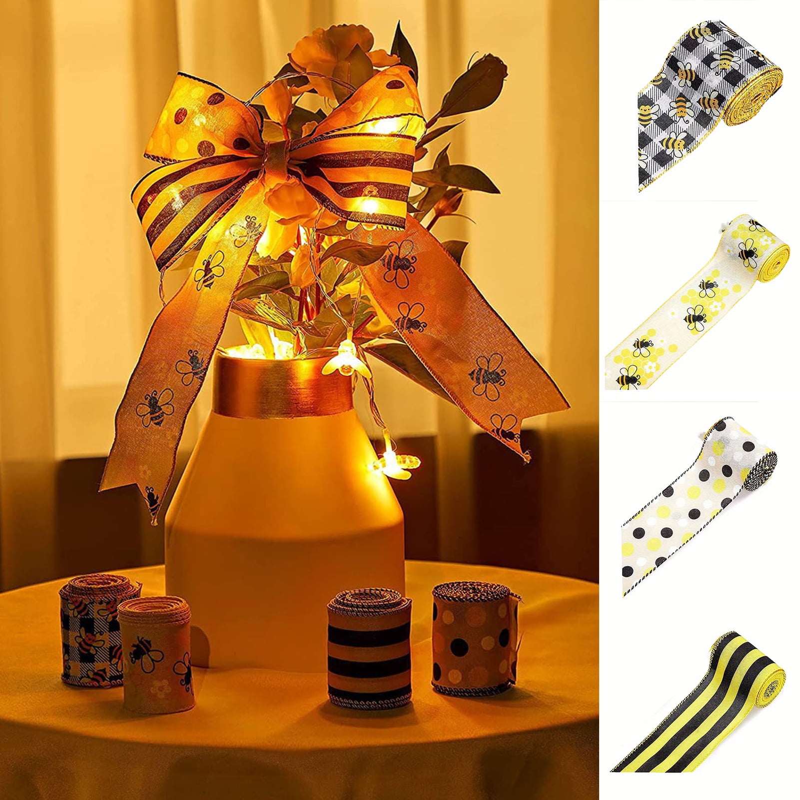 Bee Day Element Ribbon Bee Dot Striped Plaid Print Honey Bee Ribbon DIY ...