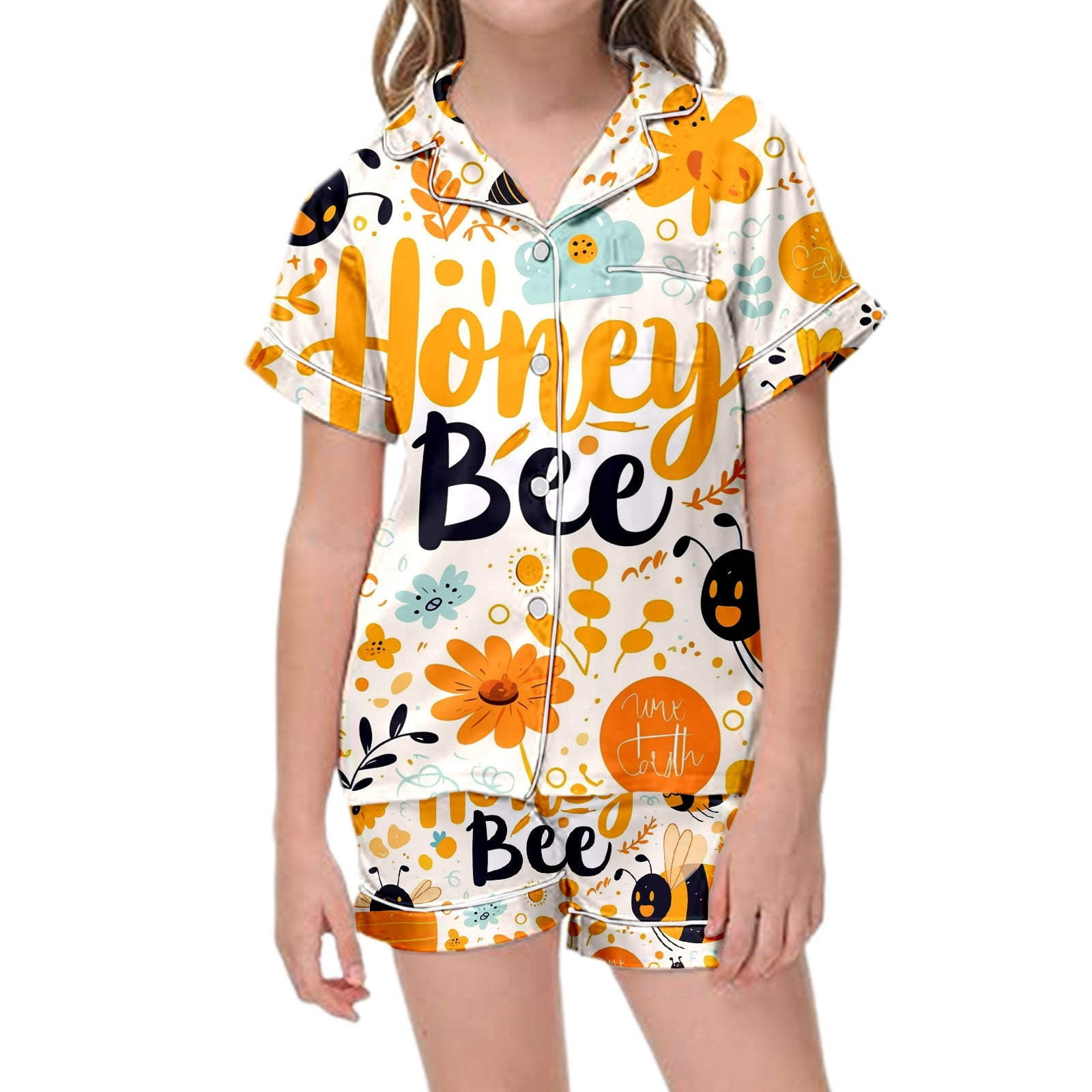 Bee Day Girls Pajamas Set Short Girls Summer Pajamas Lapel Collar ...