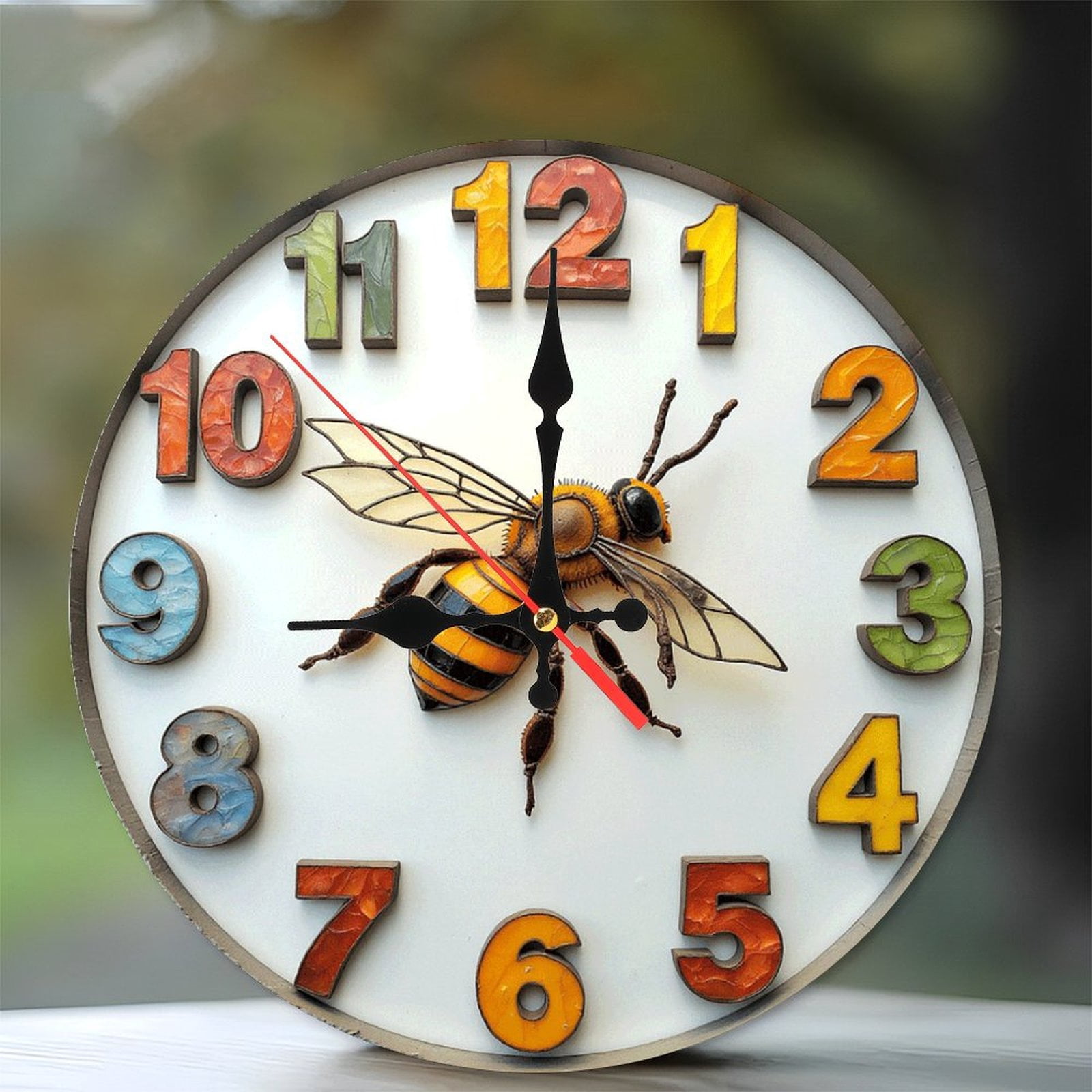 Bee Design Wall Clock with Colorful Numbers Decor 10-Inch Silent Wooden ...