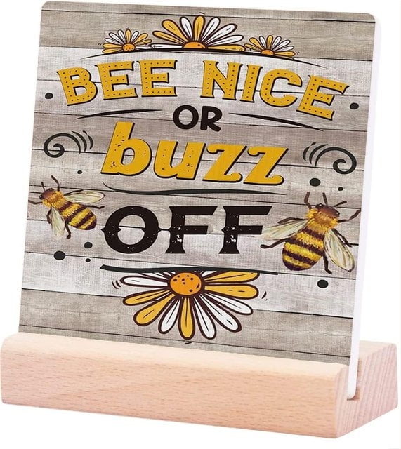 Bee Desk Plaque Sign, Bee Nice or Buzz Off Ceramic Table Plaque with ...