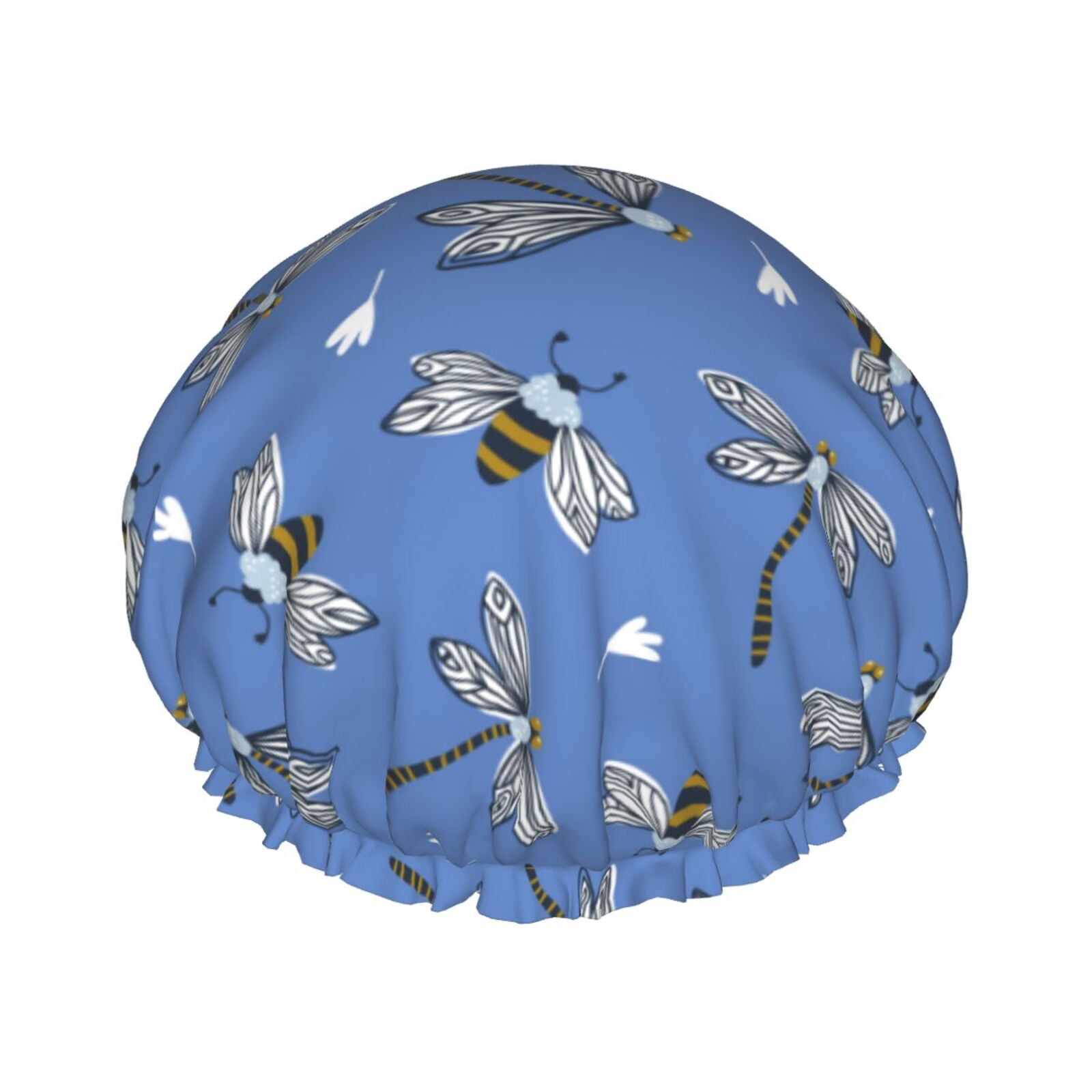 Bee Dragonfly Blue Shower Cap for Women, Double Waterproof Layers ...