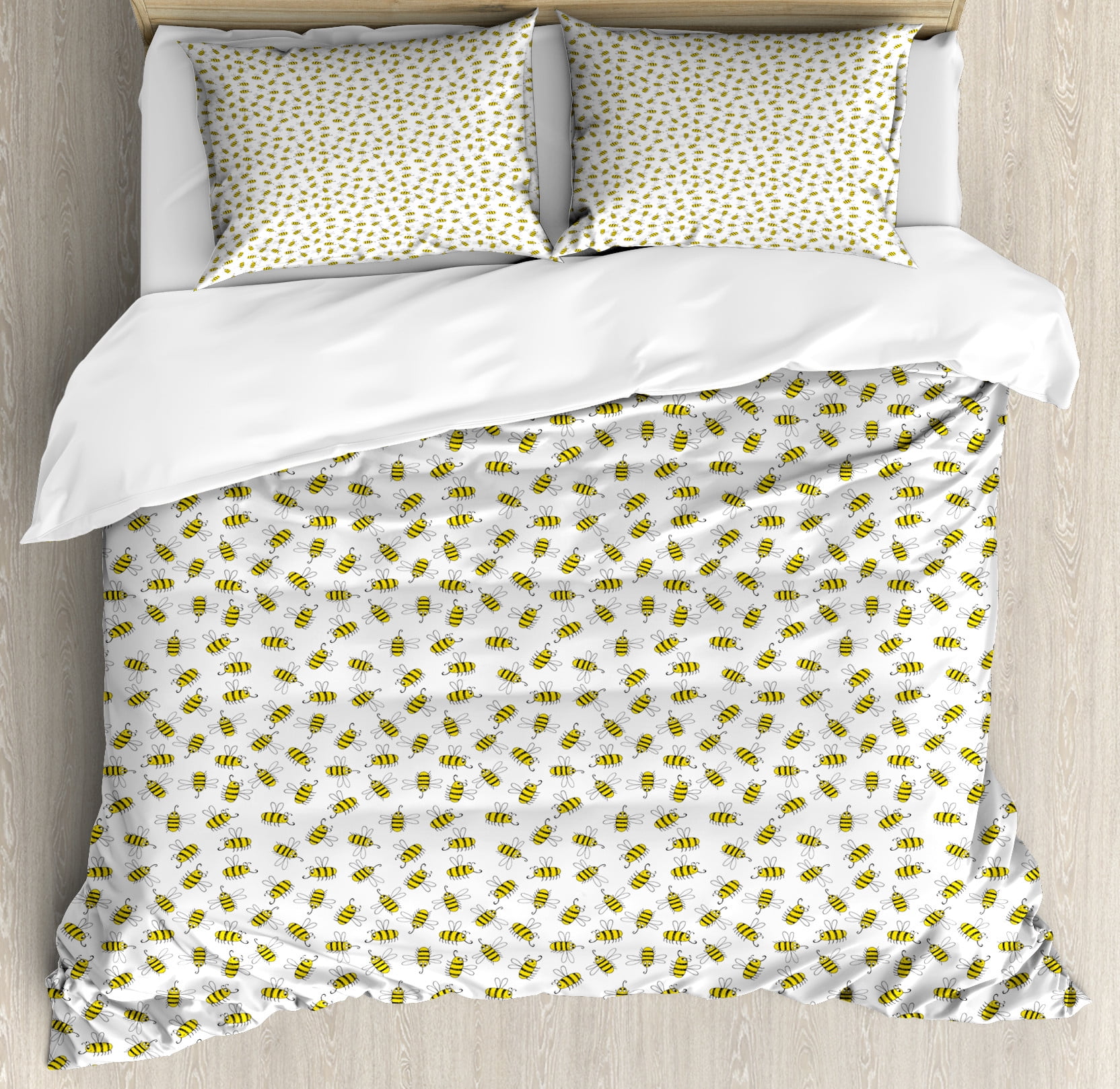Bee Duvet Cover Set, Continuous Happy Buzzing Animal Pattern on Plain ...