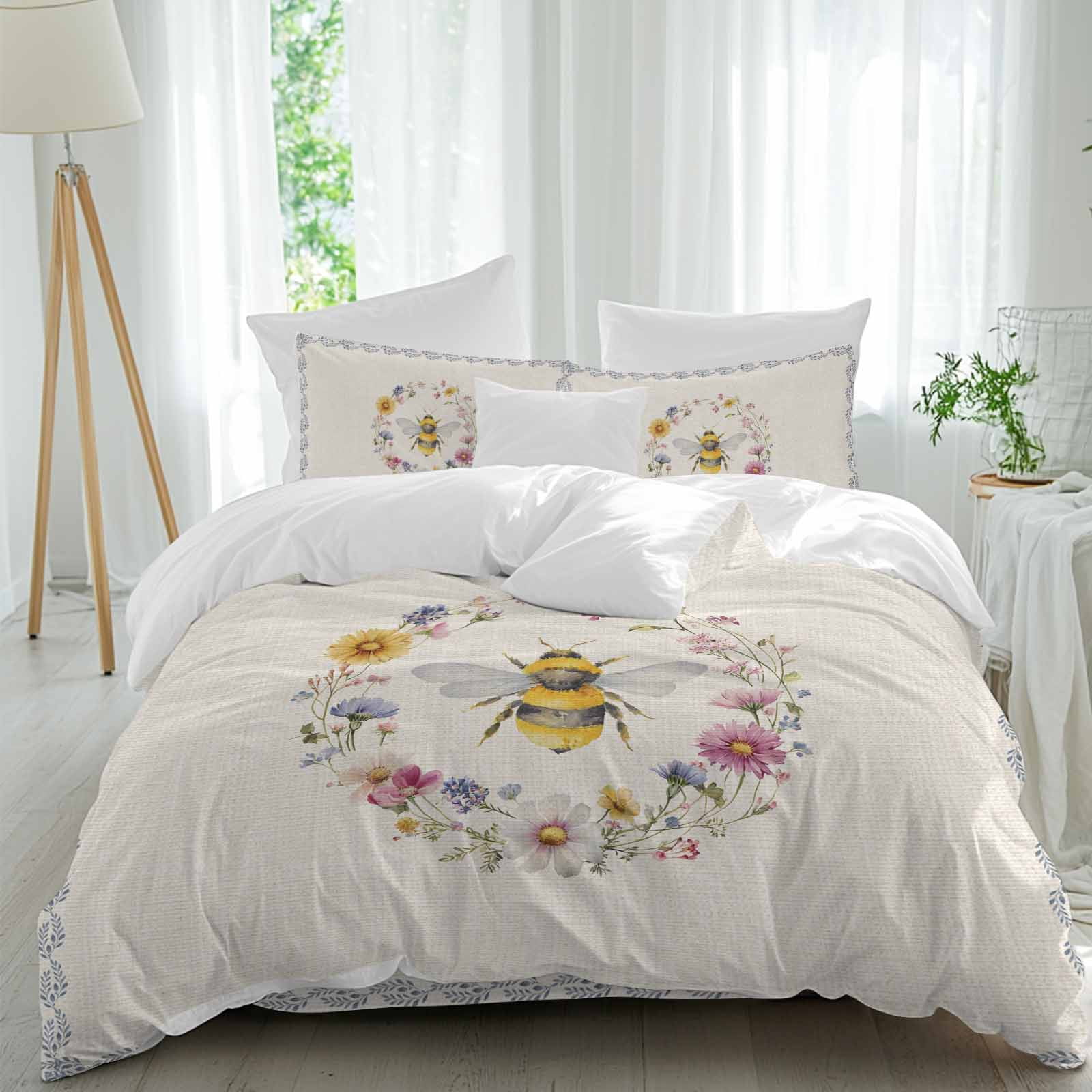 Bee Duvet Cover Set Queen Size, Retro Insects Yellow Floral Wreath ...