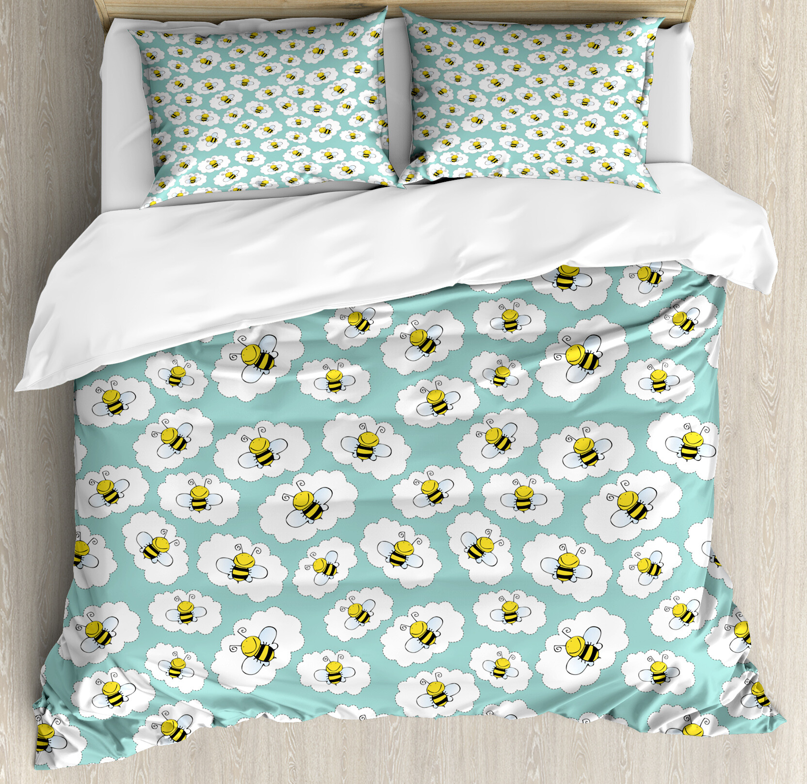 Bee Duvet Cover Set, Rhythmic Flying Honeybees Wings in Clouds ...
