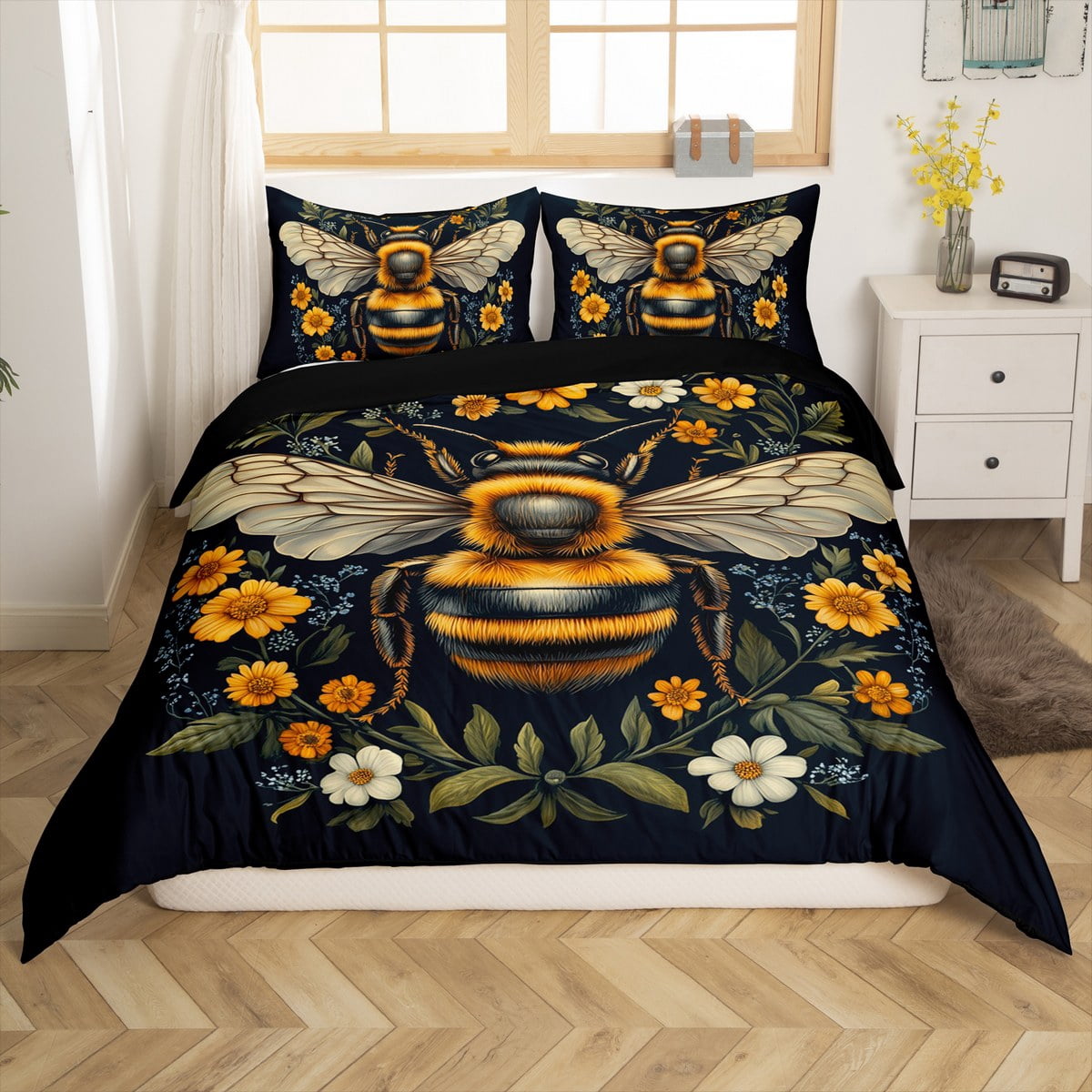 Bee Duvet Cover Set,Daisy Floral Bedding Set 2Pcs Teens Room Decor ...