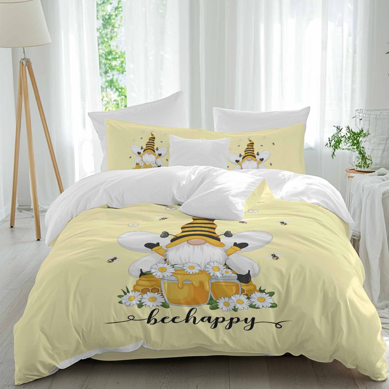 Bee Dwarf 4 Piece Duvet Cover Set Queen Size White Daisy Flower Happy ...