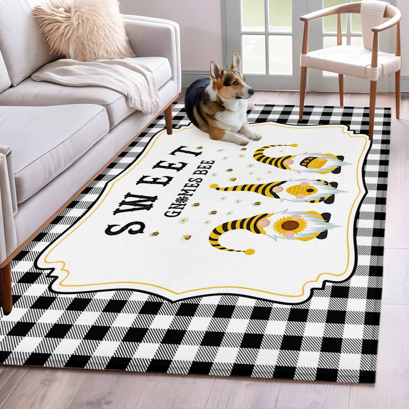 Bee Dwarf Area Rugs 4x6 ft Sweet Gnomes Black White Plaid Farm Flower ...