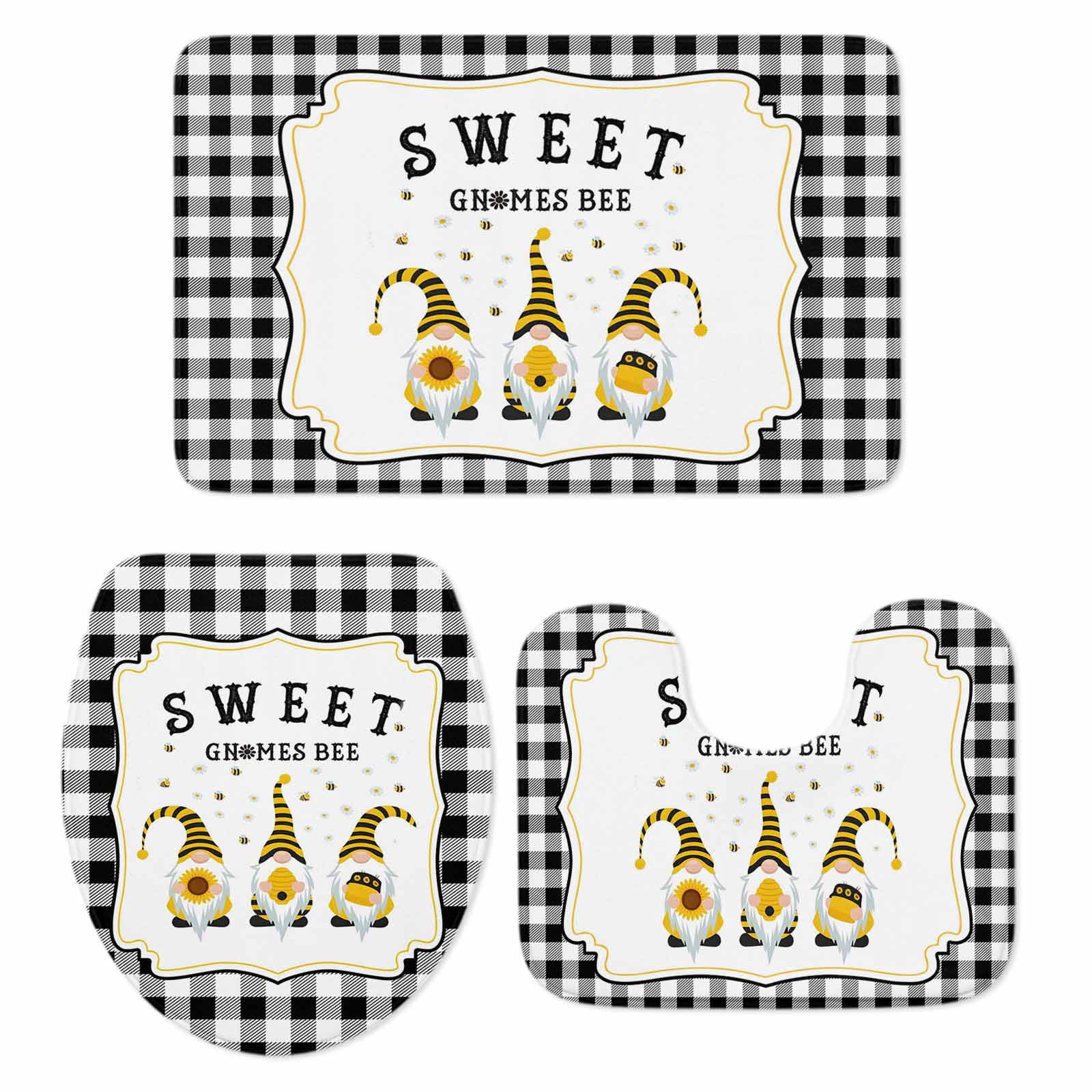 Bee Dwarf Bathroom Rugs Set Sweet Gnomes Black White Plaid Farm Flower ...