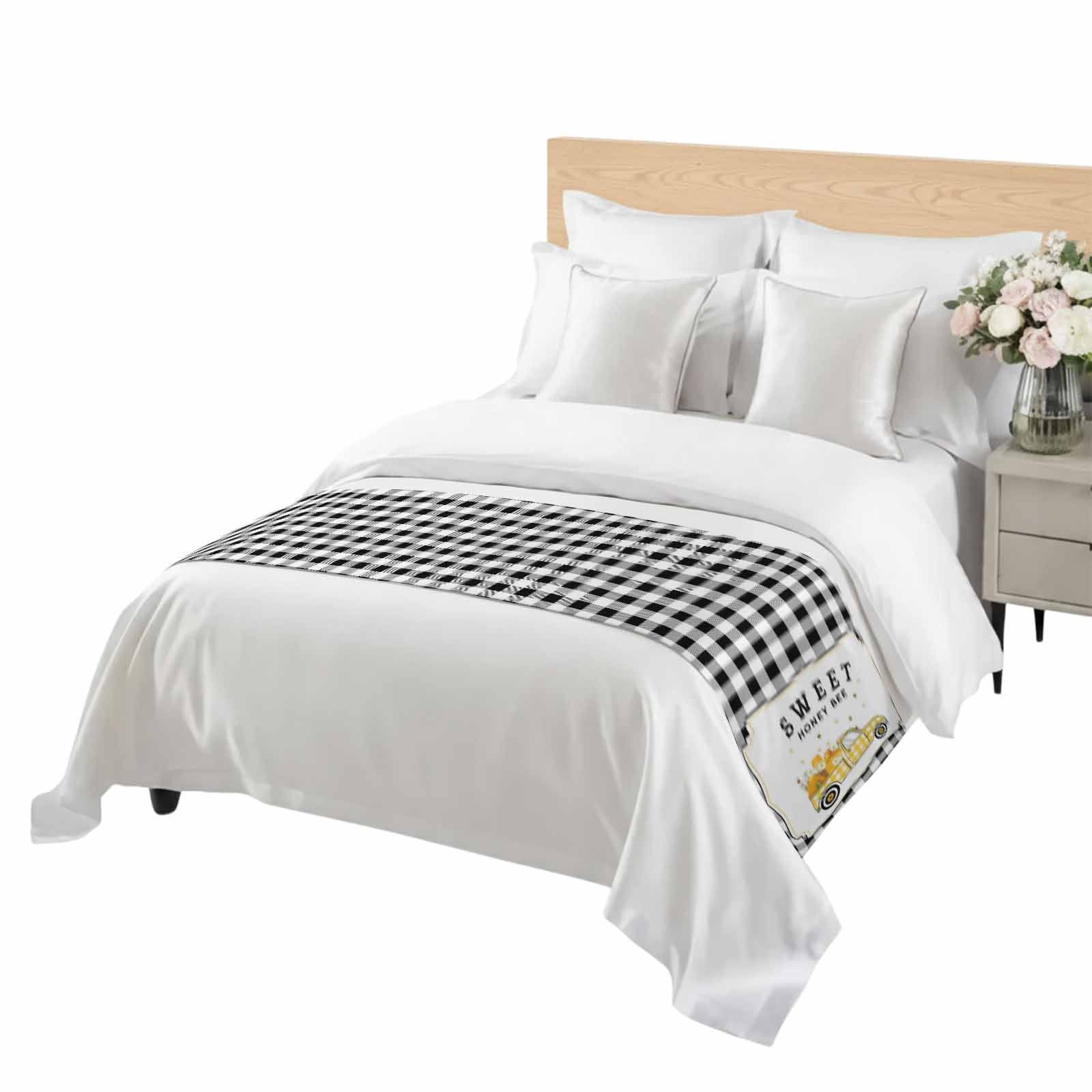 Bee Dwarf Bed Runner Twin Size Sweet Gnomes Black White Plaid Farm ...