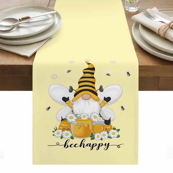 Bee Dwarf Cotton Linen Table Runner White Daisy Flower Happy Yellow ...