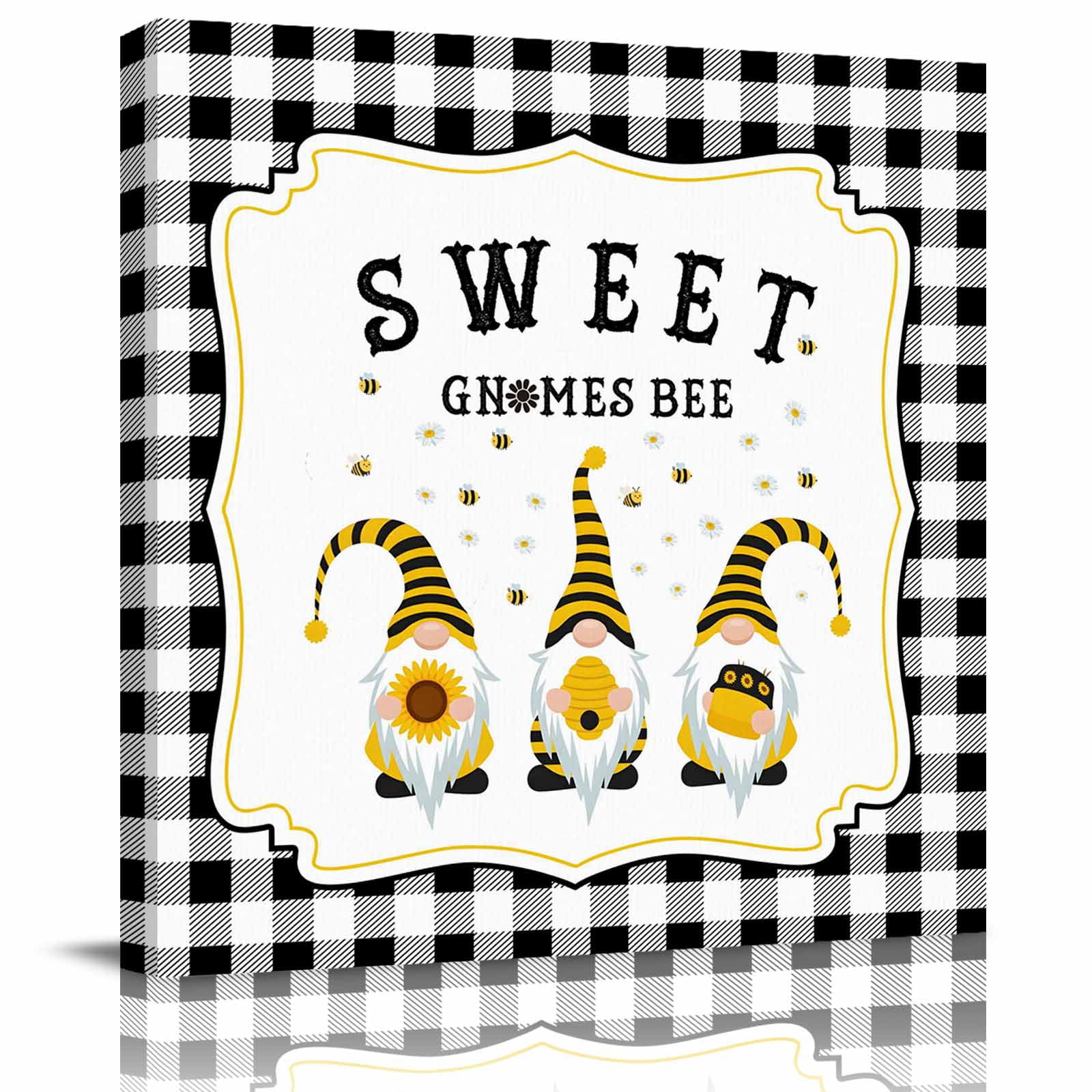 Bee Dwarf Framed Canvas Wall Art, Sweet Gnomes Black White Plaid Farm ...