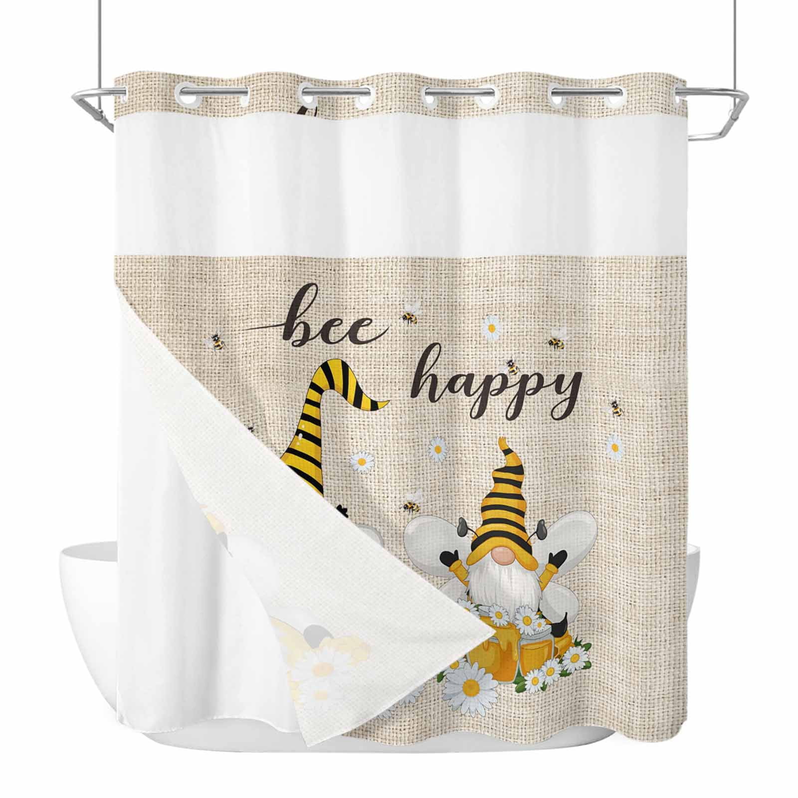 Bee Dwarf No Hook Shower Curtain with Snap in Liner White Daisy Flower ...