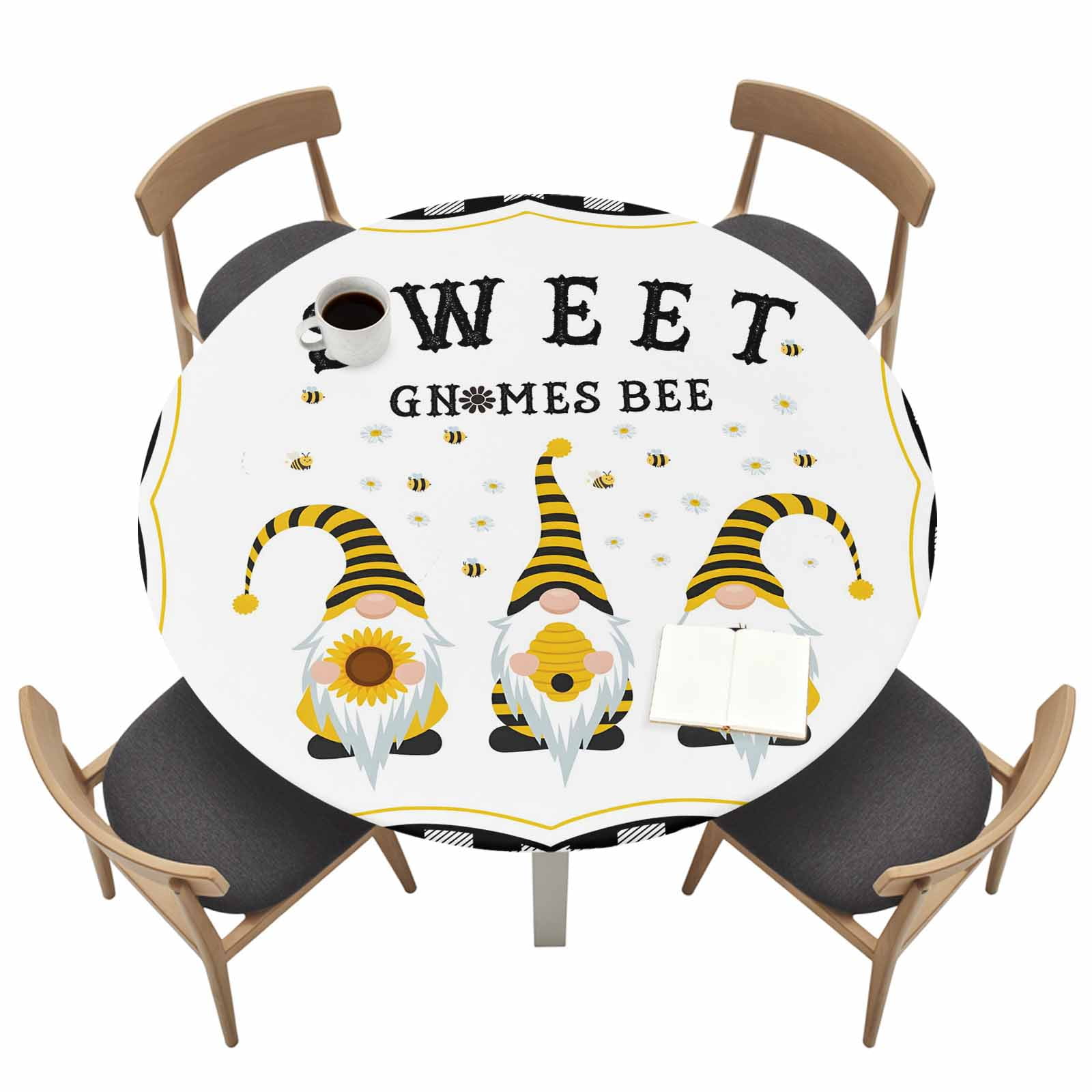 Bee Dwarf Round Fitted Tablecloth with Elastic Edge Sweet Gnomes Black ...
