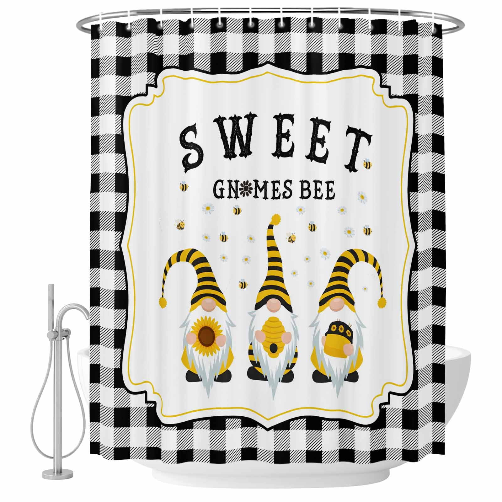 Bee Dwarf Shower Curtain for Bathroom, Sweet Gnomes Black White Plaid ...