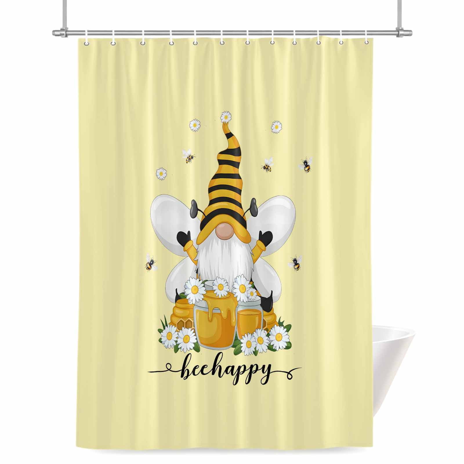 Bee Dwarf Shower Curtains for Bathroom, White Daisy Flower Happy Yellow ...