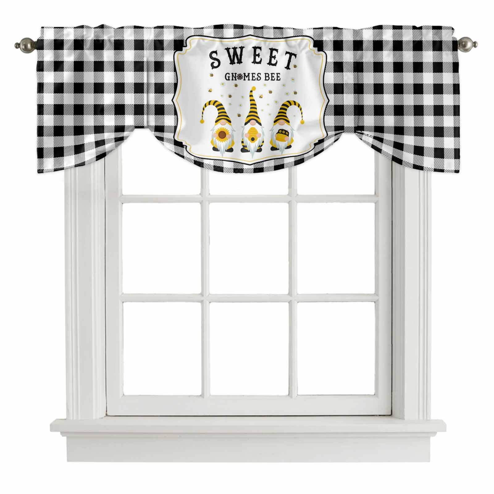 Bee Dwarf Tie Up Valance Curtains Sweet Gnomes Black White Plaid Farm ...
