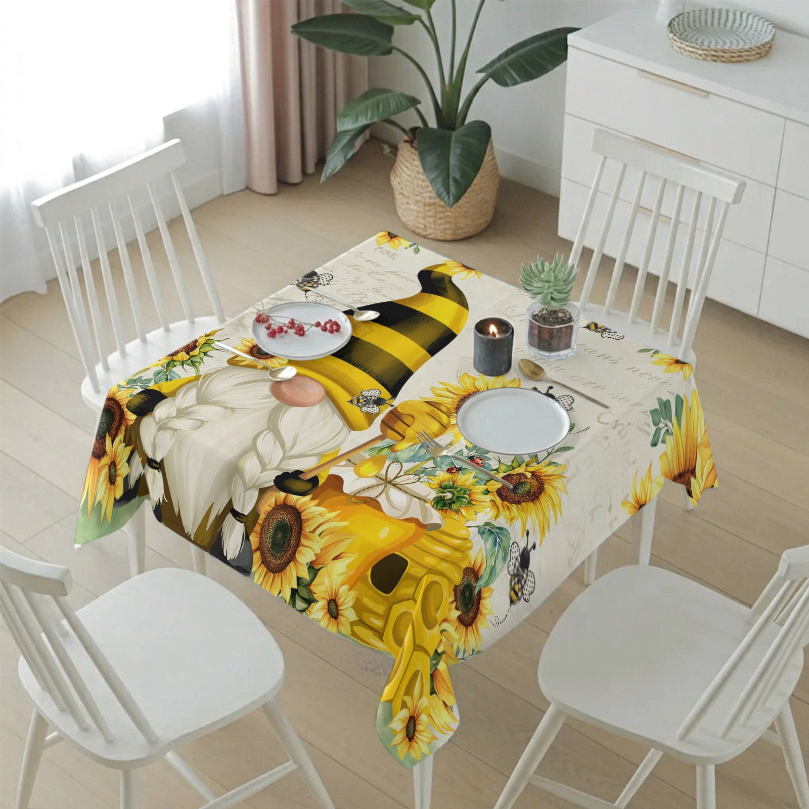 Bee Dwarf Watercolor Sunflower Table Cloth 54x54in, Waterproof Square ...