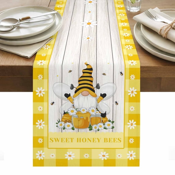 Bee Dwarfs Cotton Linen Table Runner White Daisy Flower Wood Grain ...