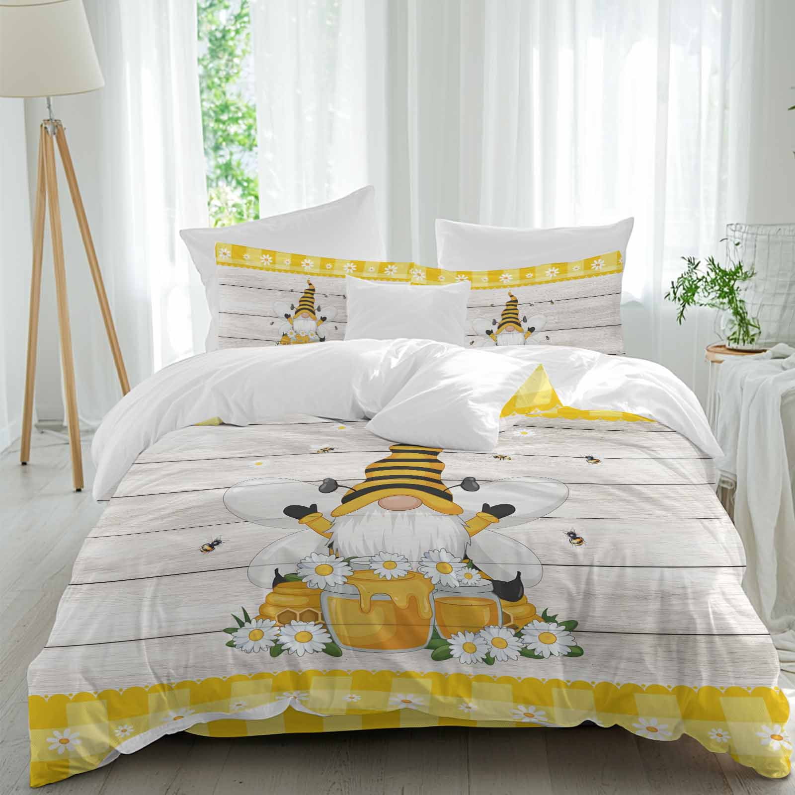 Bee Dwarfs Duvet Cover Set King Size, White Daisy Flower Wood Grain ...