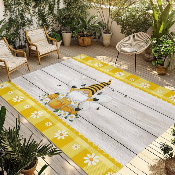 Bee Dwarfs Outdoor Rug, White Daisy Flower Wood Grain Yellow Plaid Non ...