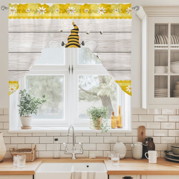 Bee Dwarfs Swag Curtain Valance for Windows, White Daisy Flower Wood ...