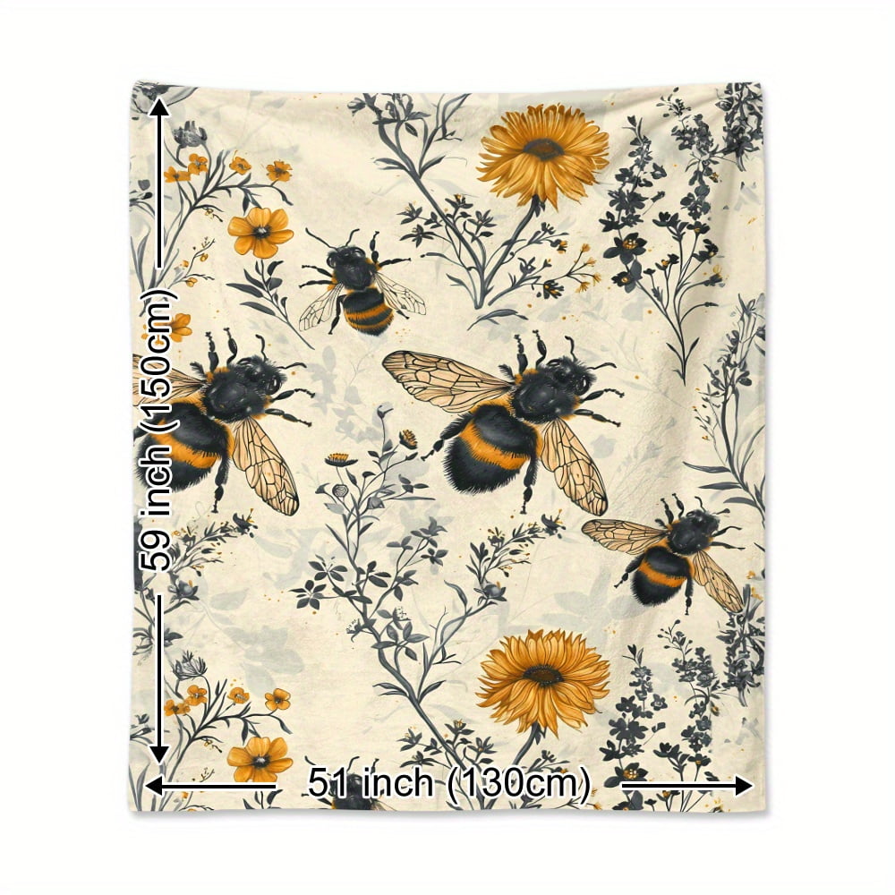 Bee Element Printed Blanket, Retro Hand-Drawn Bees & Yellow Wildflowers ...