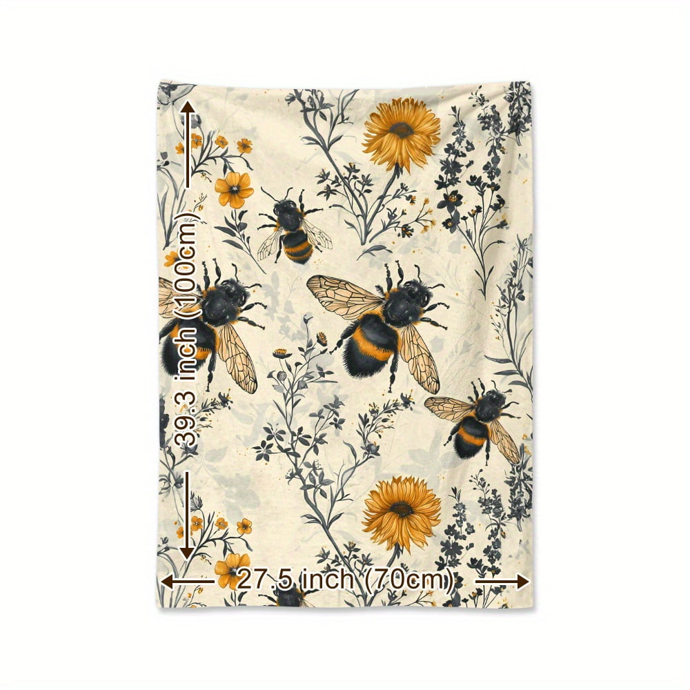 Bee Element Printed Blanket, Retro Hand-Drawn Bees & Yellow Wildflowers ...