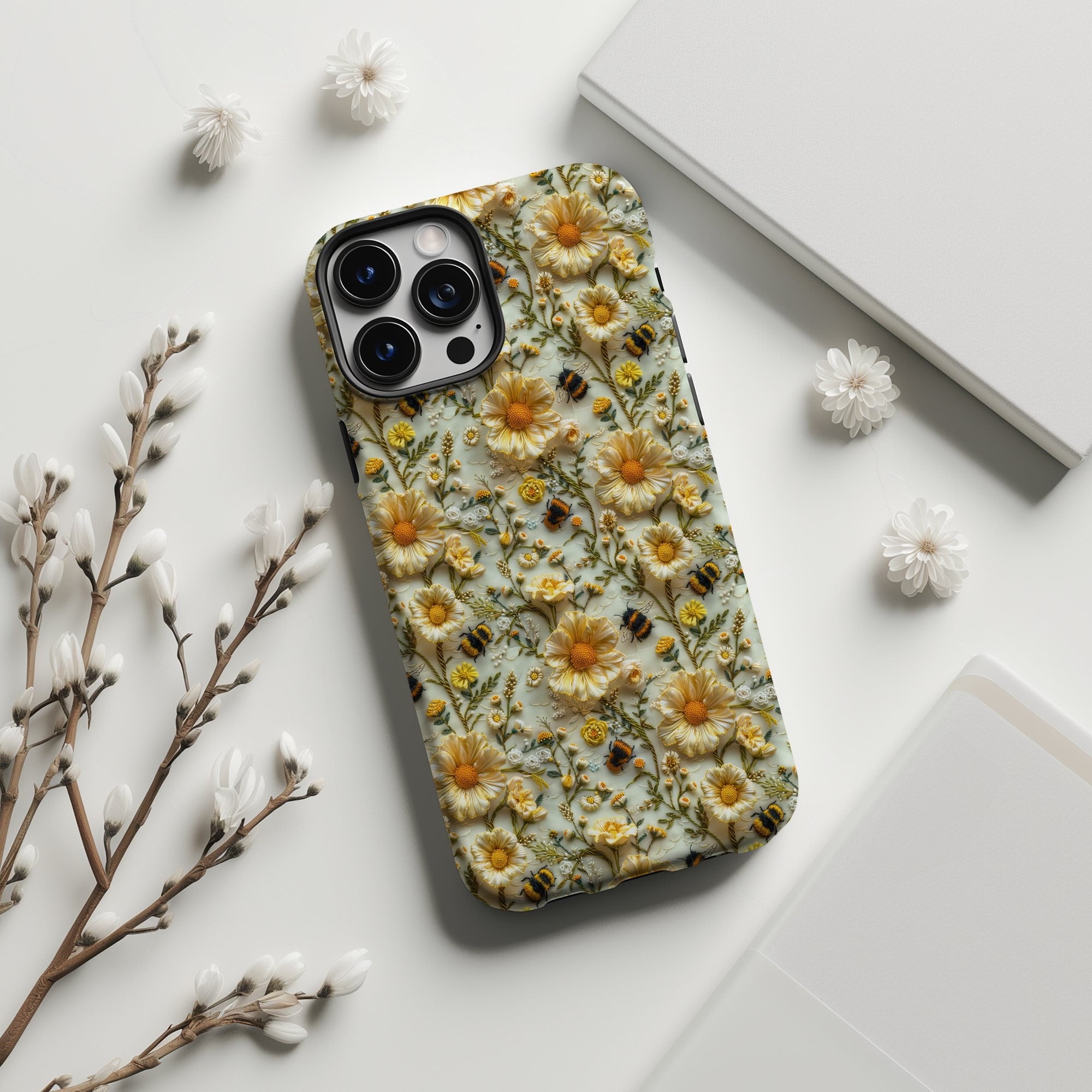 Bee Embroidery Sunflower Botanical Nature Case for iPhone 17 11 12 13 ...