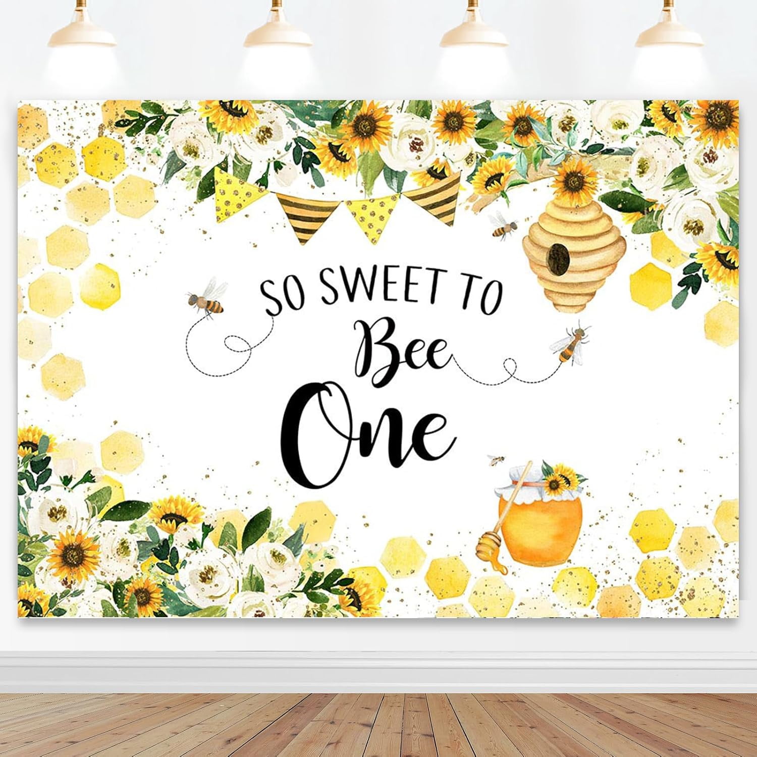 Bee First Birthday Backdrop So Sweet to Bee One Honeycomb Bee Sunflower ...