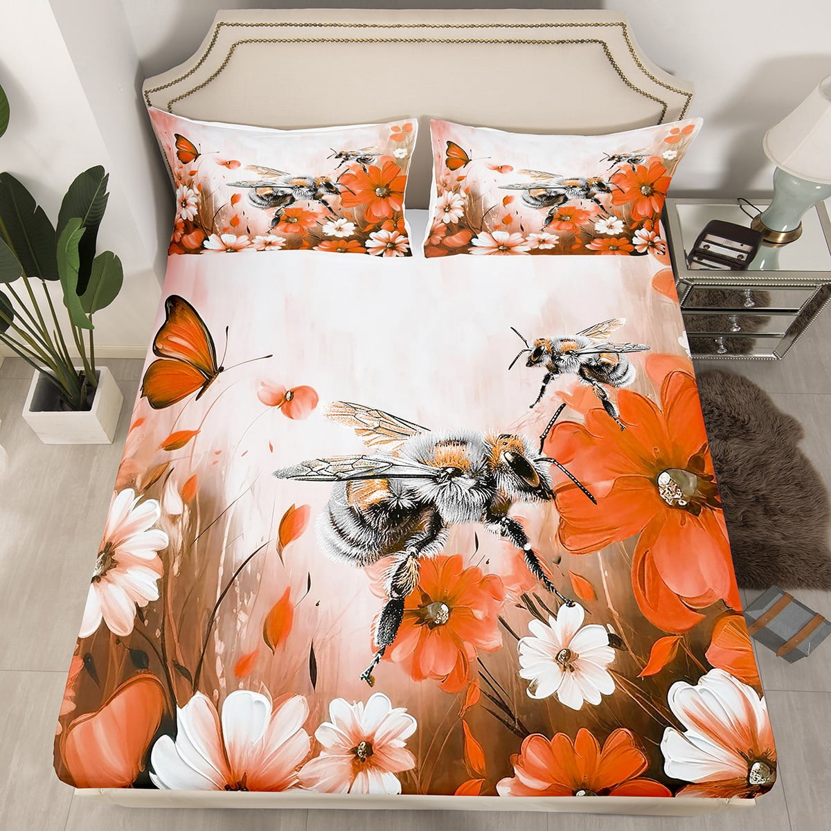 Bee Fitted Sheet Daisy Flowers Queen Bed Sheets for Boys,Orange Ombre ...