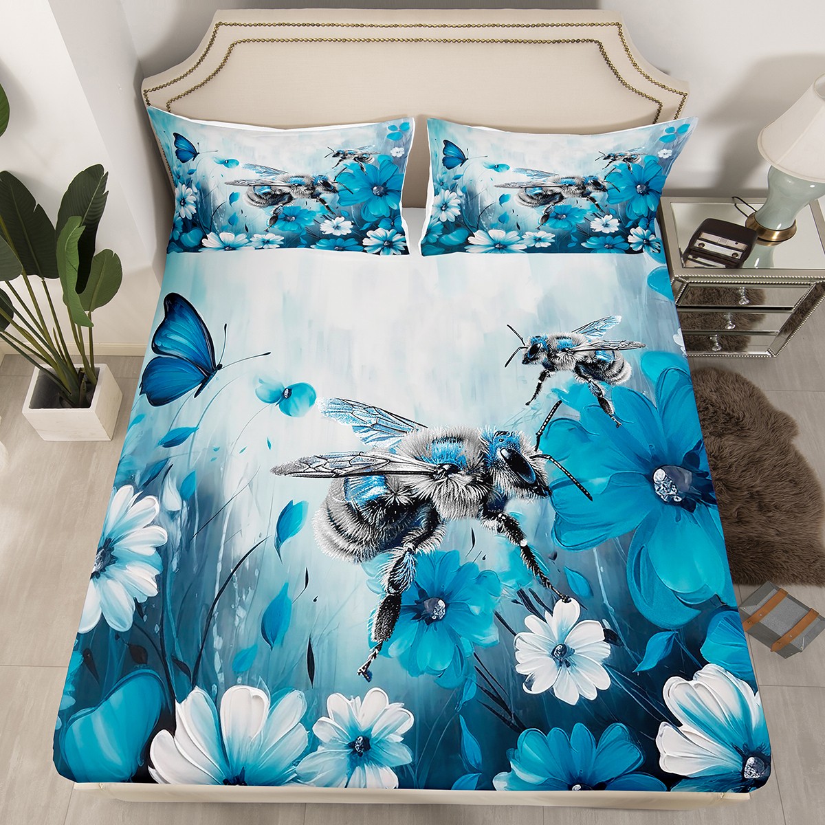 Bee Fitted Sheet Daisy Flowers Queen Bed Sheets,Light Blue Ombre Oil ...