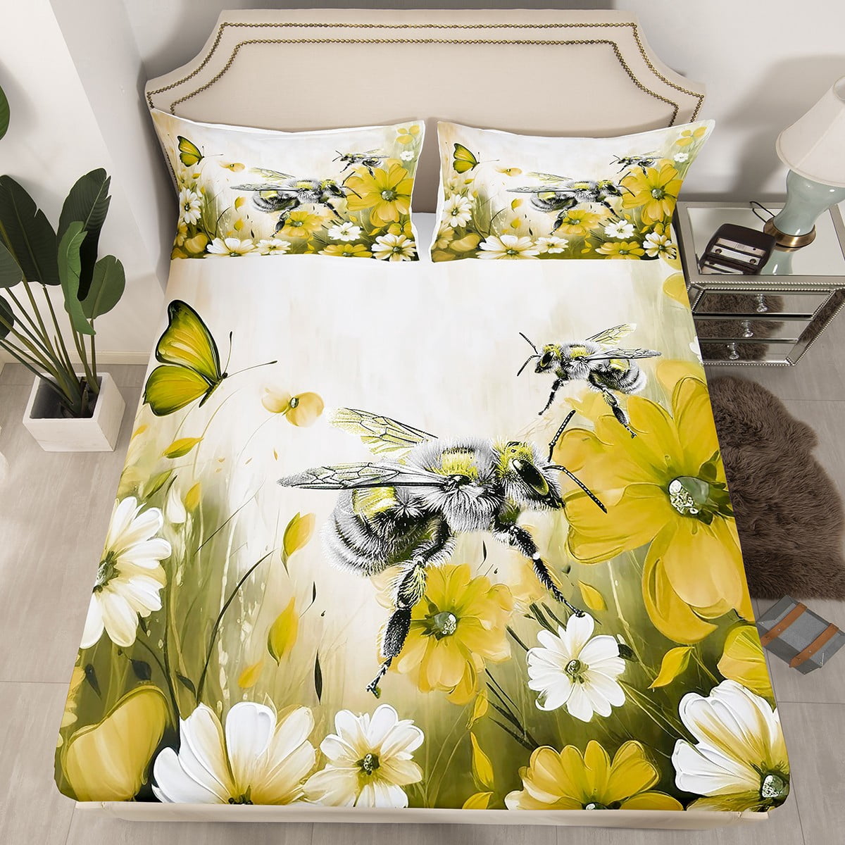Bee Fitted Sheet Daisy Flowers Twin Bed Sheets,Yellow Ombre Oil ...